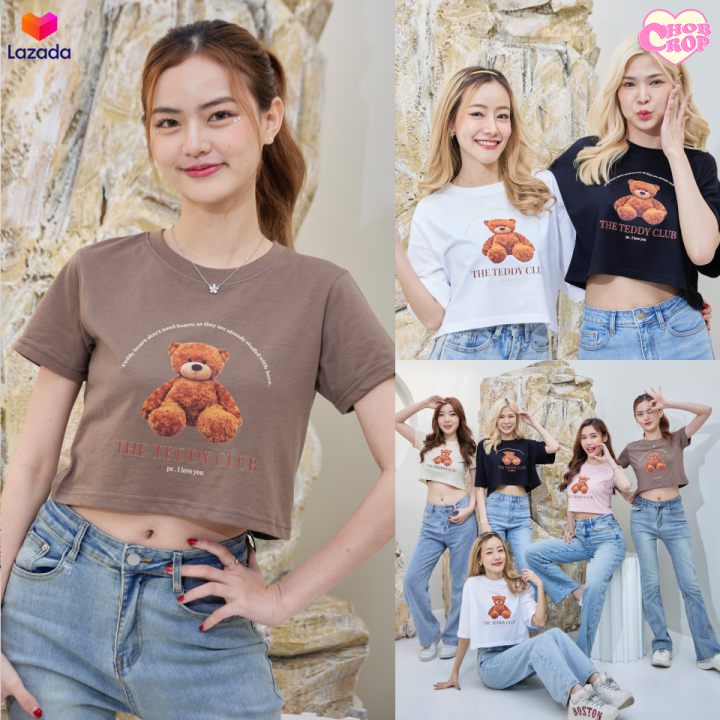 ChobCrop เสื้อครอป สกรีนลาย the teddy club เอวลอย แขนสั้น คอกลม ผ้า tc ...
