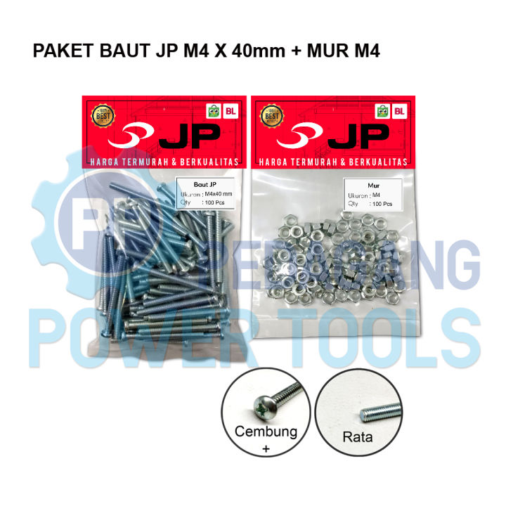 PAKET 2 SET BAUT MUR 4x40 BAUT JP M 4 x 40 MM MUR M4 SKRUP ISI 100 PCS ...