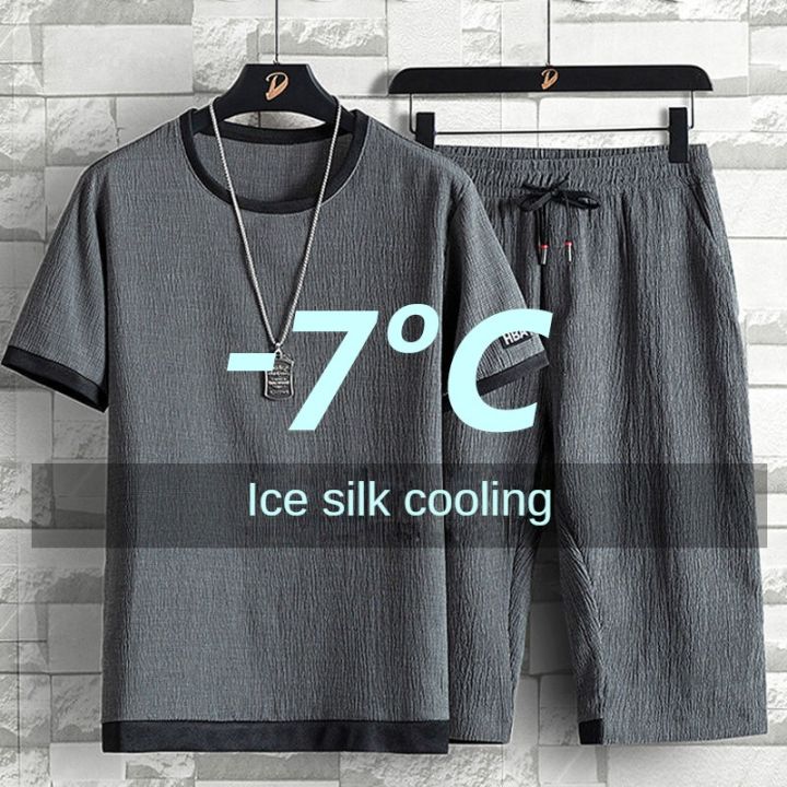 TM Store ชุดกีฬาลำลองผู้ชายฤดูร้อนสองชิ้นเสื้อยืดแขนสั้นผ้าไหมน้ำแข็งกางเกงขาสั้นชุดกีฬา ...