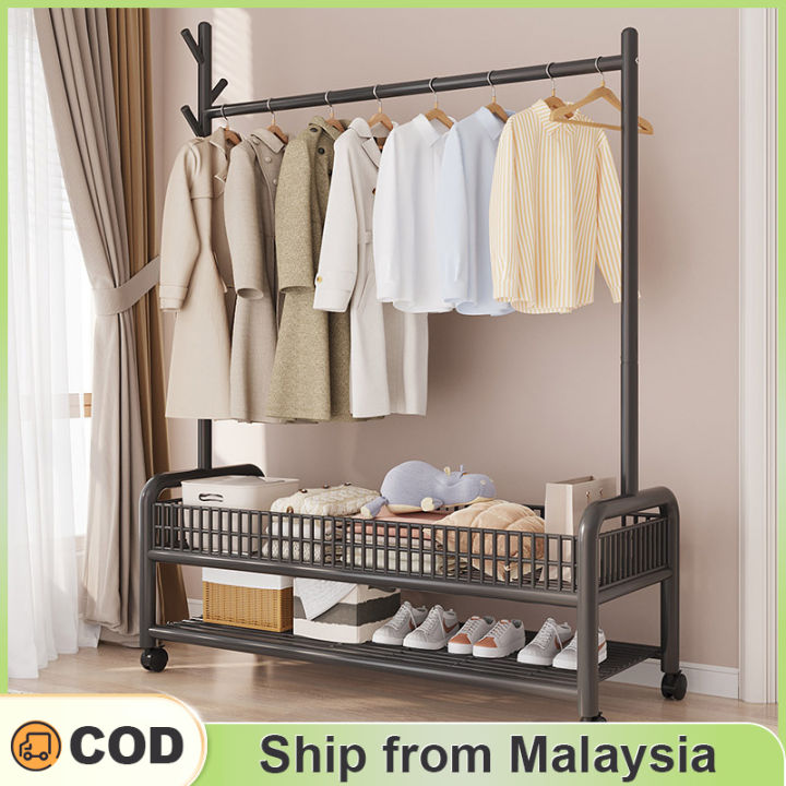 Strong Steel Structure Laundry Rack Single Pole Double Layer With Wheel ...