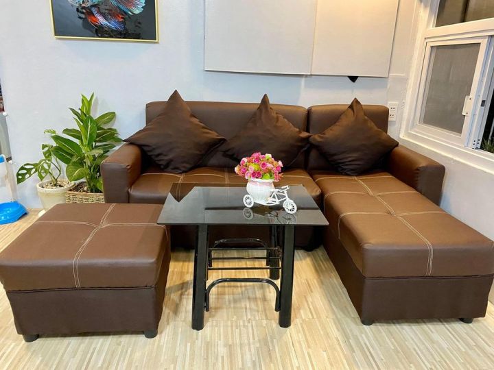 Sala set L shape Brown Leather with Glass table uratex foam / Cash on ...