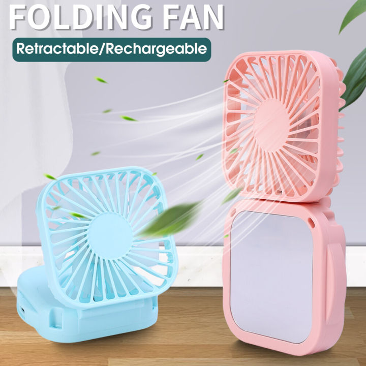 USB Rechargeable Hanging Neck Handheld Fan With Mirror Foldable Three ...