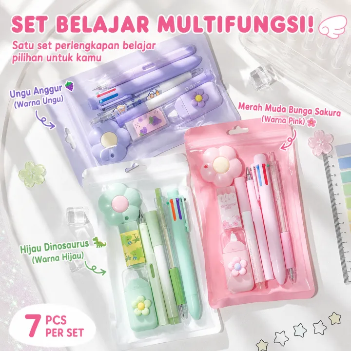 SET STATIONERY 7 IN 1 WARNA PASTEL ISI PULPEN, STABILO, PENSIL, CUTTER ...