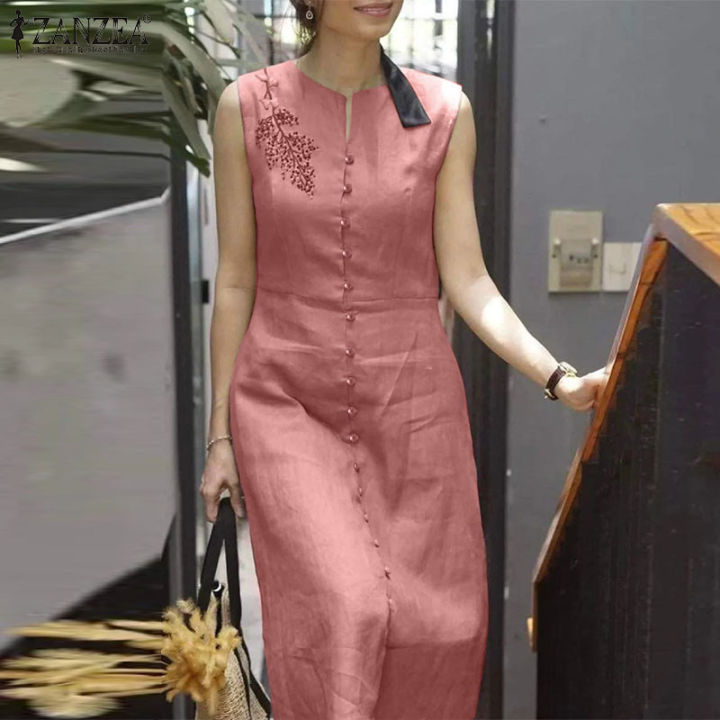 Zanzea Womens Floral Embroidery Cotton Linen Sleeveless Dress Vintage Single Breasted Plain Midi