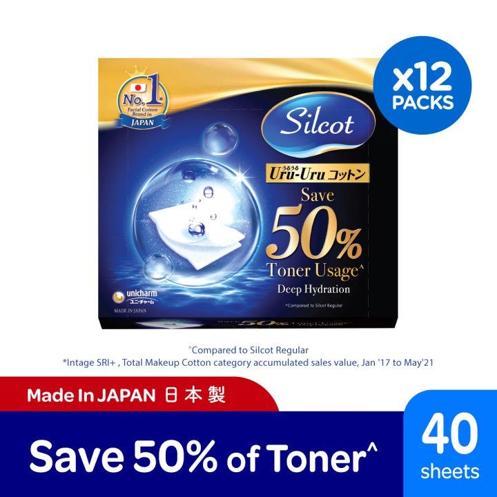Silcot Uru-Uru Toner Saving Facial Cotton Pad 40s x 12 packs (Made in ...