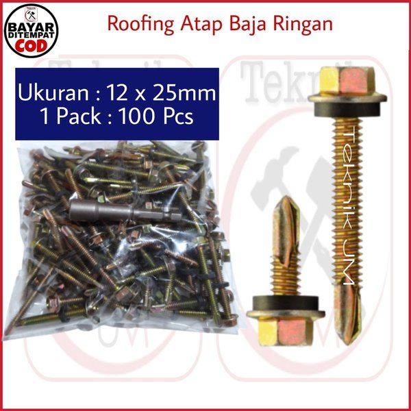 BAUT BAJA RINGAN ATAP ROOFING 12 X 25mm 2,5 CM - BONUS MATA SOCK KEPALA ...