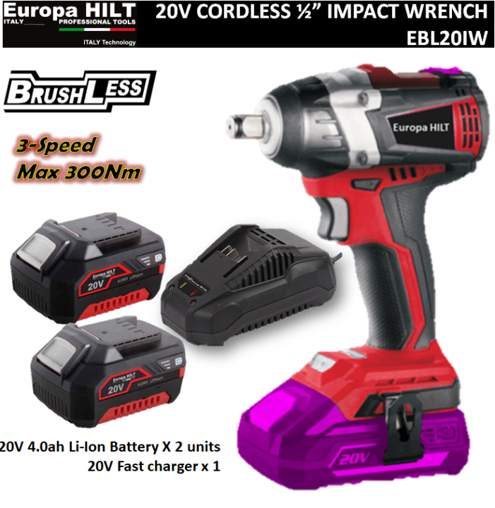 Europa Hilt 20V Cordless Impact Wrench 1/2 Hex with 2 x 4.0ah Battery(Brushless Technology) | Lazada