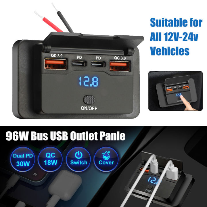 Car Charger Dual QC3.0 USB PD C Ports Charging Socket Panel with Switch ...