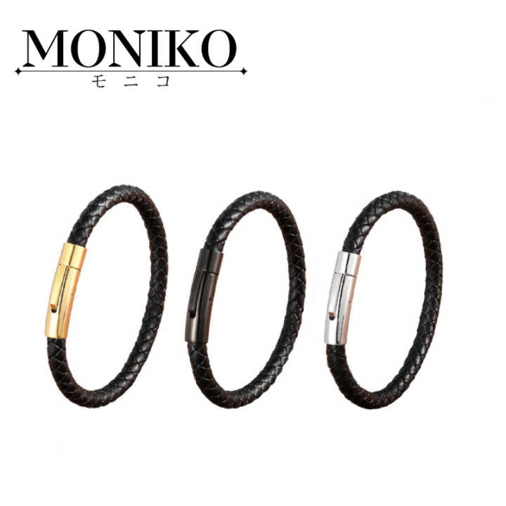 MONIKO Original Design Men's Black Leather Rope Bracelet Link Cuff 3 ...
