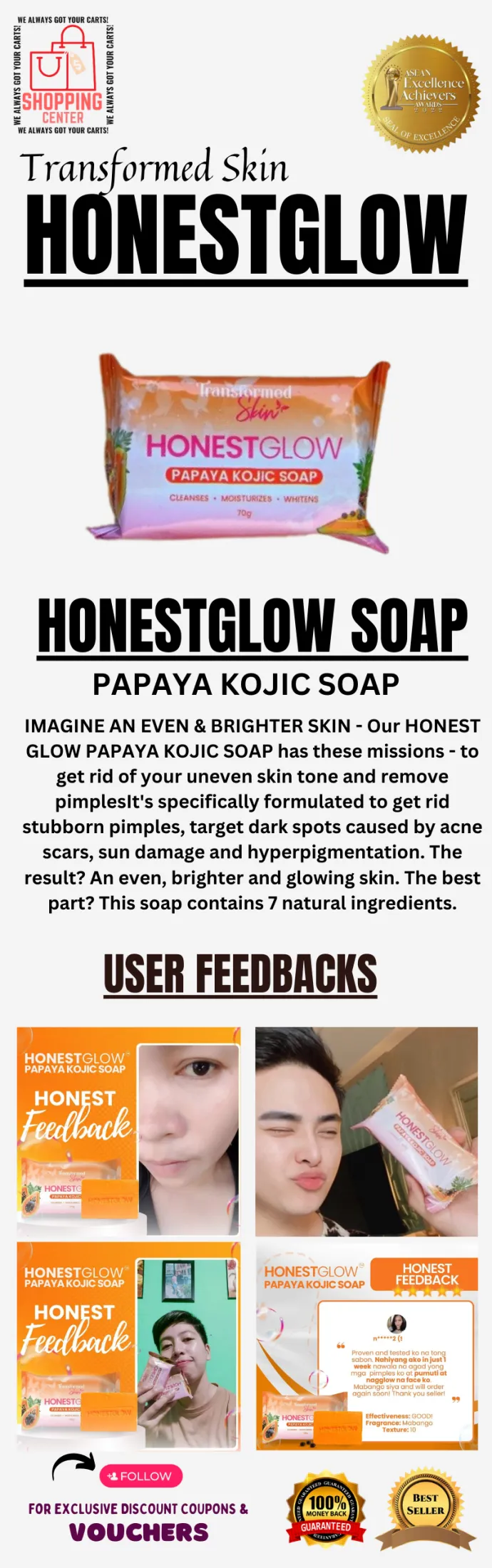 Honest glow soap 70g (Set of 5) honest glow kojic papaya whitening soap ...