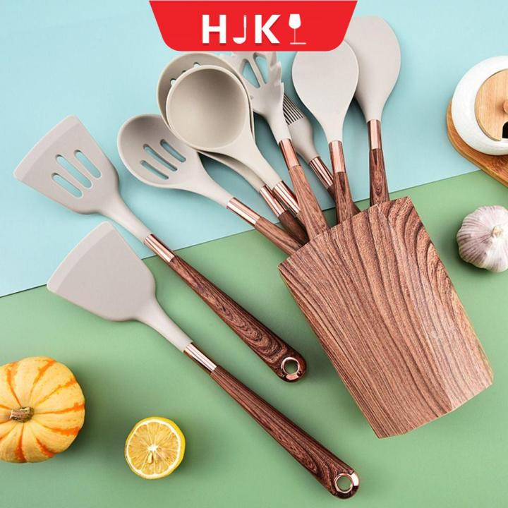 HJKL ซิลิโคนทำจากซิลิโคน ชุดเครื่องมือทำอาหาร ด้ามไม้ยาว ไม่ติดกระทะ ...