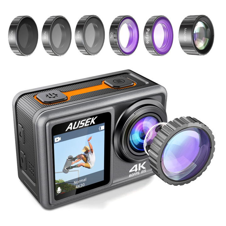 AUSEK 4K 60FPS 24MP HD Dual Screen Action Camera WiFi Removable Lens Helmet Cam EIS Remote ...