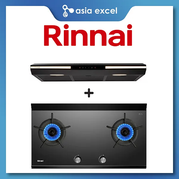 RINNAI RH-S3059-PBW 90CM BLACK SLIMLINE HOOD + RINNAI RB-2CGN 2 BURNER INNER FLAME GAS HOB ...