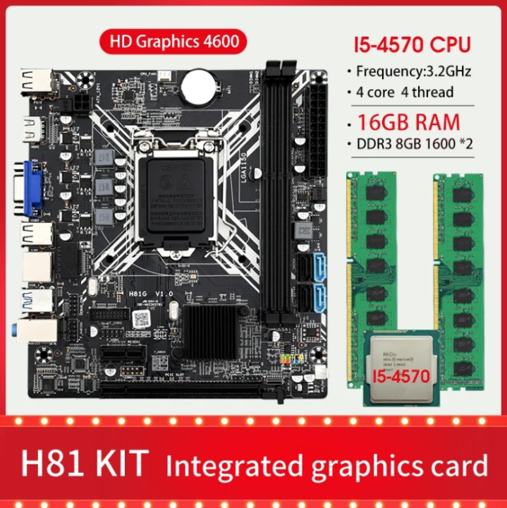 H81-LGA 1150 Kit Motherboard, Core I5-4570 Processor, DDR3, 16GB, 8GB x 2, 1600MHz, PC RAM ...