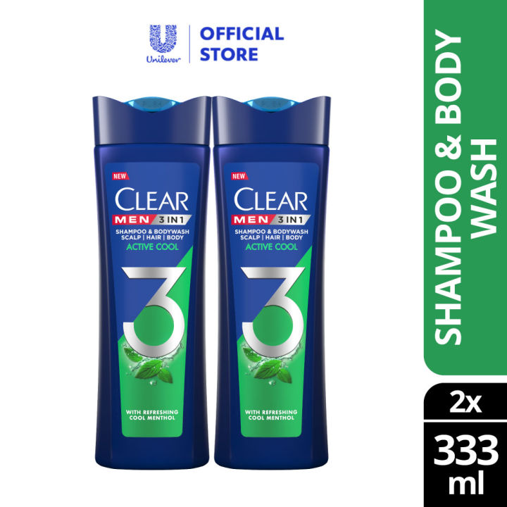Clear Men 3in1 Body Wash & Shampoo Active Cool 333ml x 2 | Lazada