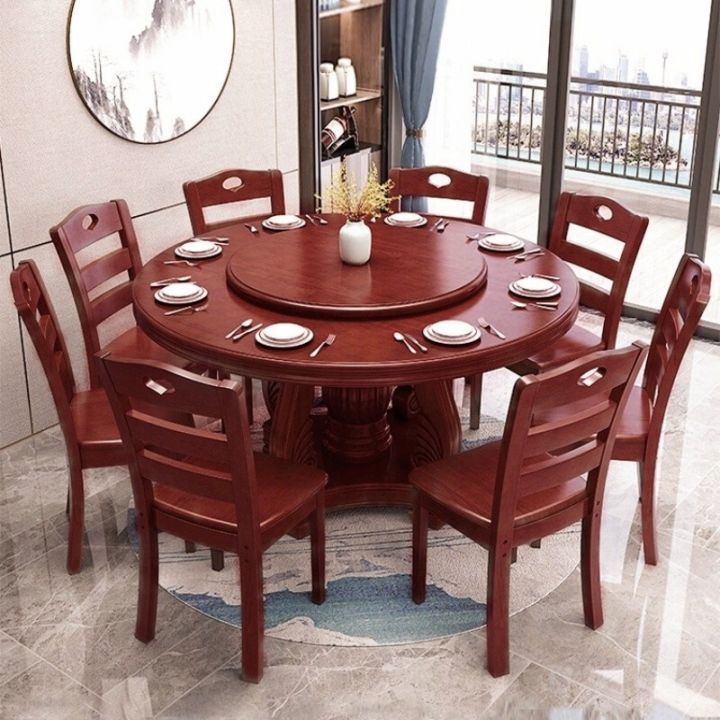 Solid wood round dining table with turntable combination modern Chinese ...