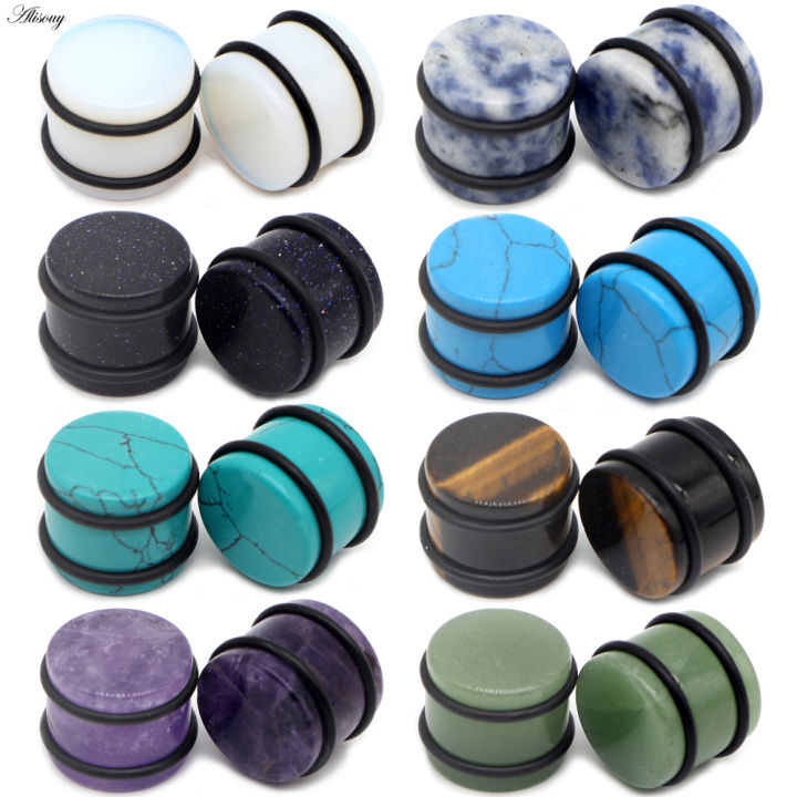 Alisouy 2PCS Natural Stone Ear Plugs Gauges Women Men Earrings Ear ...