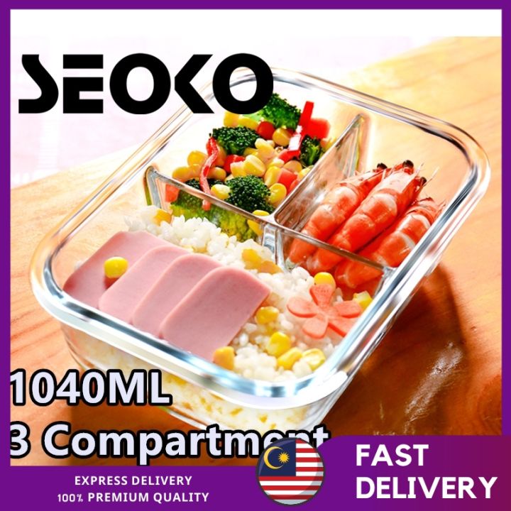 3 Compartment Glass Lunch Box 1040ml Glass Food Container - GL1043 | Lazada