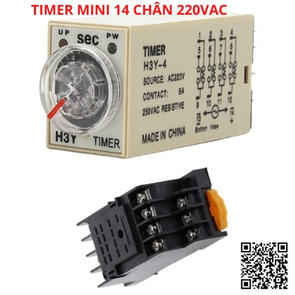 Timer H3Y-4 rơ le thời gian 14 chân dẹp nhỏ điện áp 220VAC, 24VDC, 12VDC tặng chân đế PYF143A ...