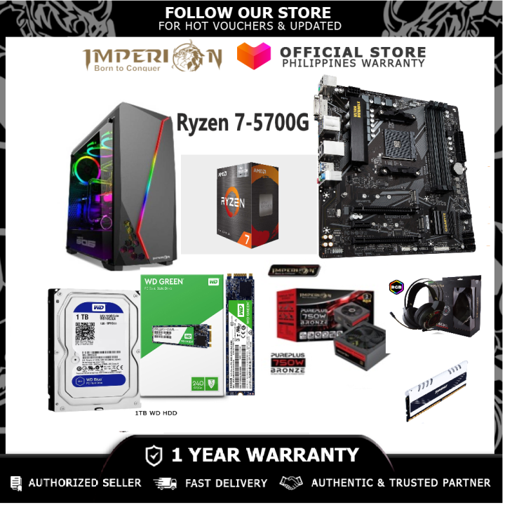 IMPERION Gaming Computer Desktop AMD Ryzen 7 5700G 8-Core, 16-Thread ...