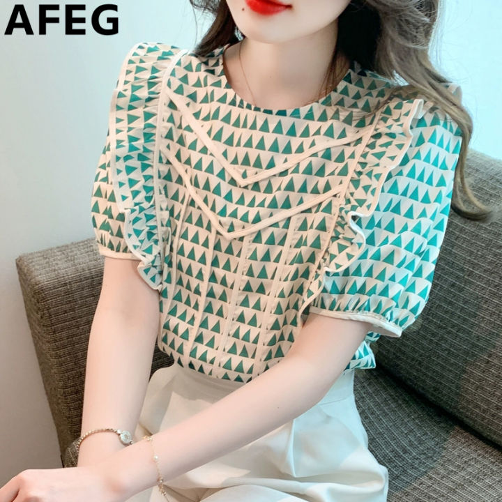 AFEG เสื้อเบลาส์แขนสั้นทรงหลวมสไตล์คอกลมชีฟองพิมพ์ลายเรขาคณิตเกาหลี ...
