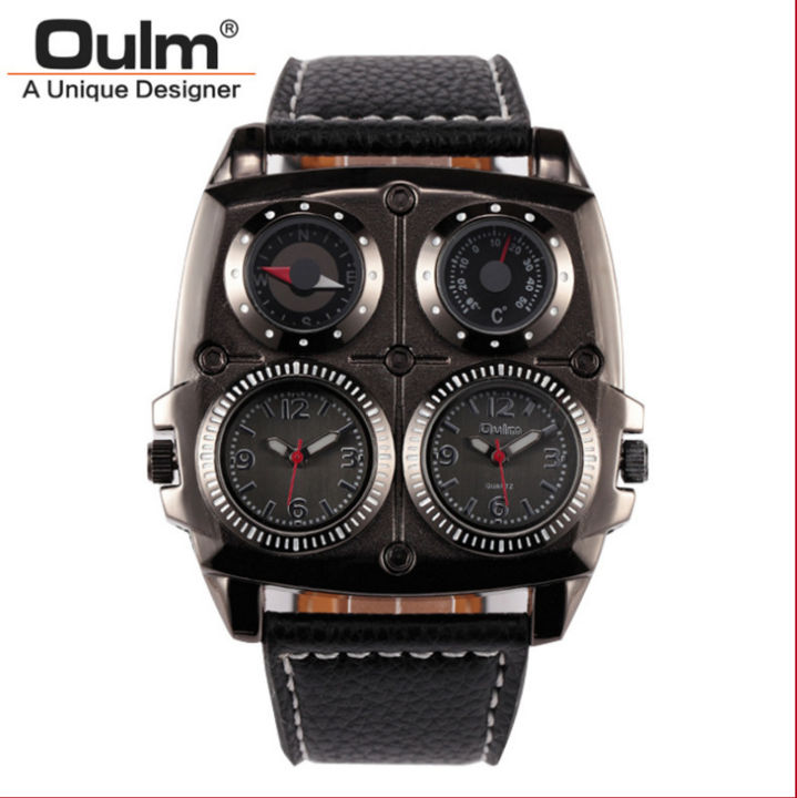 Oulm Large Dial Fashion Casual Men's Watch Large Dial Double Time Zone ...