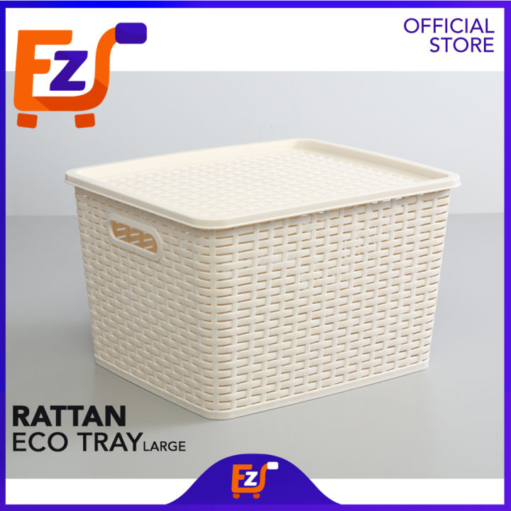 Zooey Large Eco Rattan Tray Storage Basket with Cover Space Saving for ...