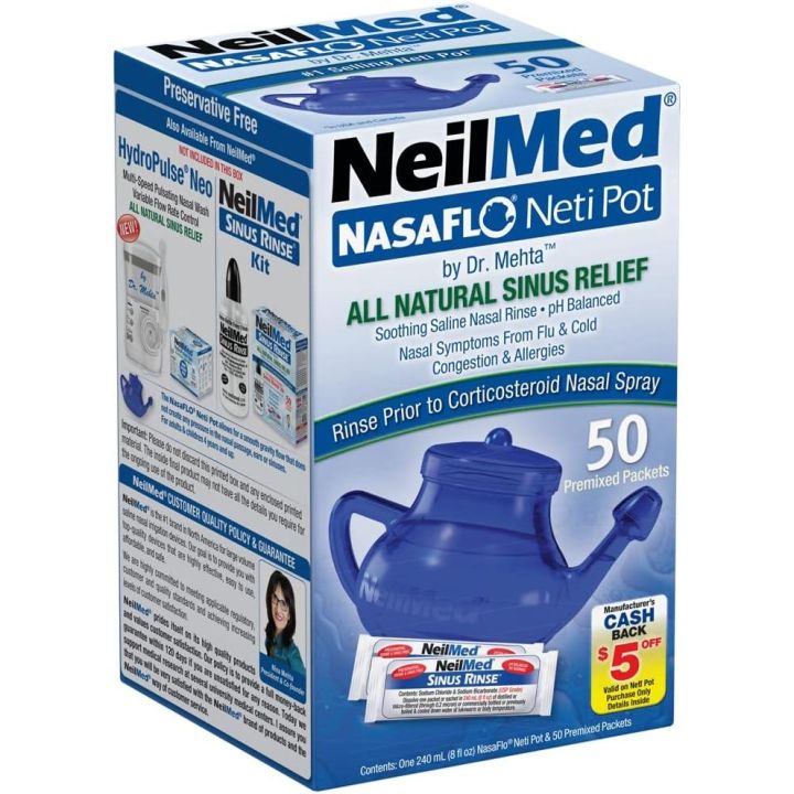NeilMed NasaFlo Unbreakable Neti Pot with 50 Premixed Packets | Lazada