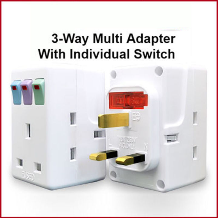 3 Way Triple Plug Adaptor Multi Plugs with Individual Switch Extension ...