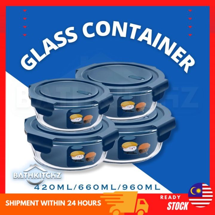 BATHKITCHZ 960ml Round Borosilicate Glass Container Air Tight Microwave ...