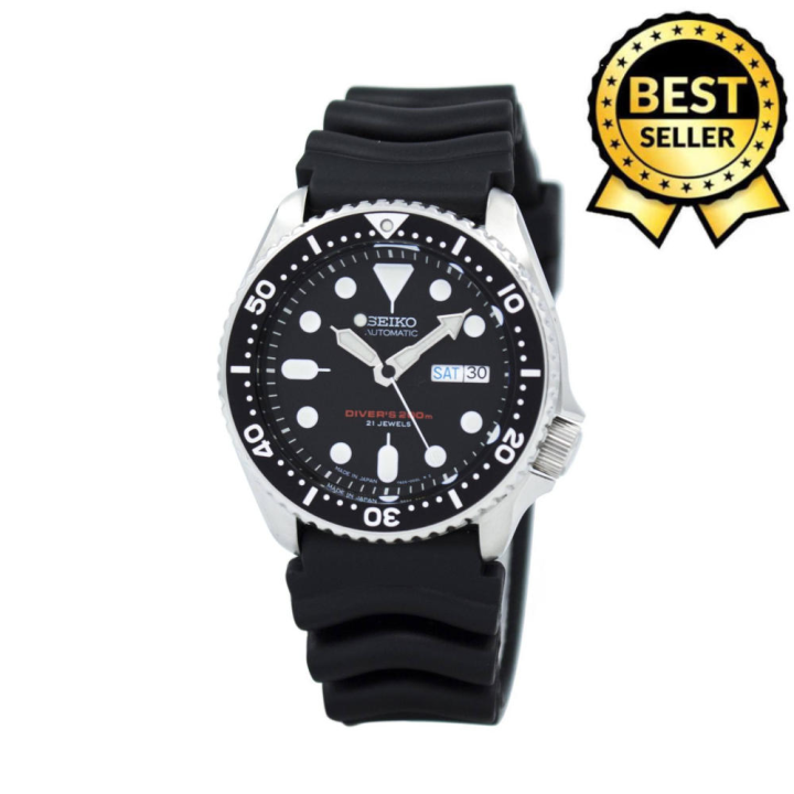 Seiko Day & Date Diver's 21 Jewels Black Dial Resin Band Watch for Men ...