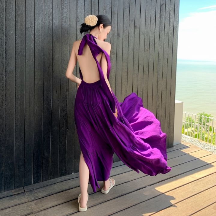 ภาพจริง Mushan ชุดสีม่วงหนึ่งชุดและชุดวันหยุดริมทะเลยาวแบบเปิดหลัง ...
