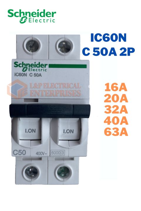 Schneider Miniature Circuit Breaker ic60N 2 Pole 50A Amperes AC/DC C-Curve Industrial Commercial ...