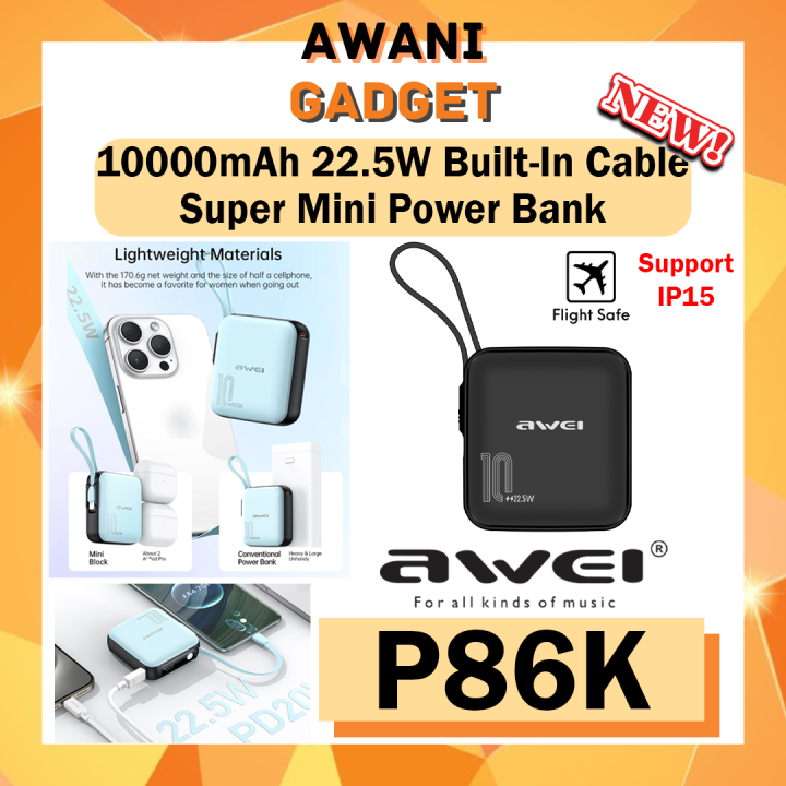 Awei P86K 10000mAh Power Bank Portable 22.5W Built In Cable Powerbank ...
