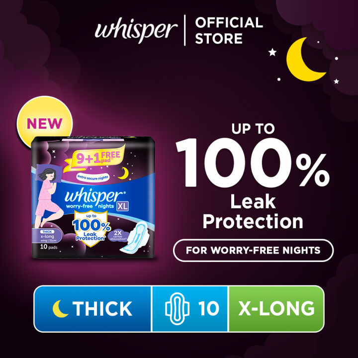 Whisper Worry-Free Nights Sanitary Napkin with Wings (10 pads) [Extra ...