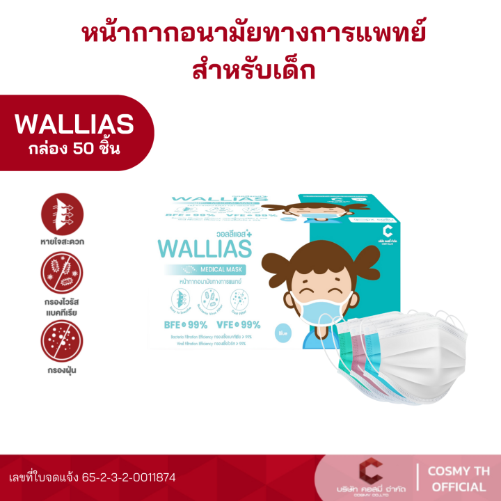 หน้ากากอนามัยทางการเเพทย์เด็ก ยี่ห้อ WALLIAS KID ป้องกันได้ถึง 99 % มี 4 สี หนา 3 ชั้น บรรจุ 50 ...