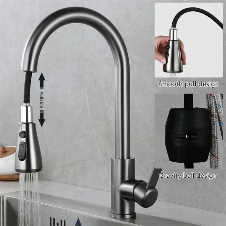Kitchen Faucets 304 stainless steel Pull Out Kitchen Sink Water Tap Deck Mounted Mixer Stream ...