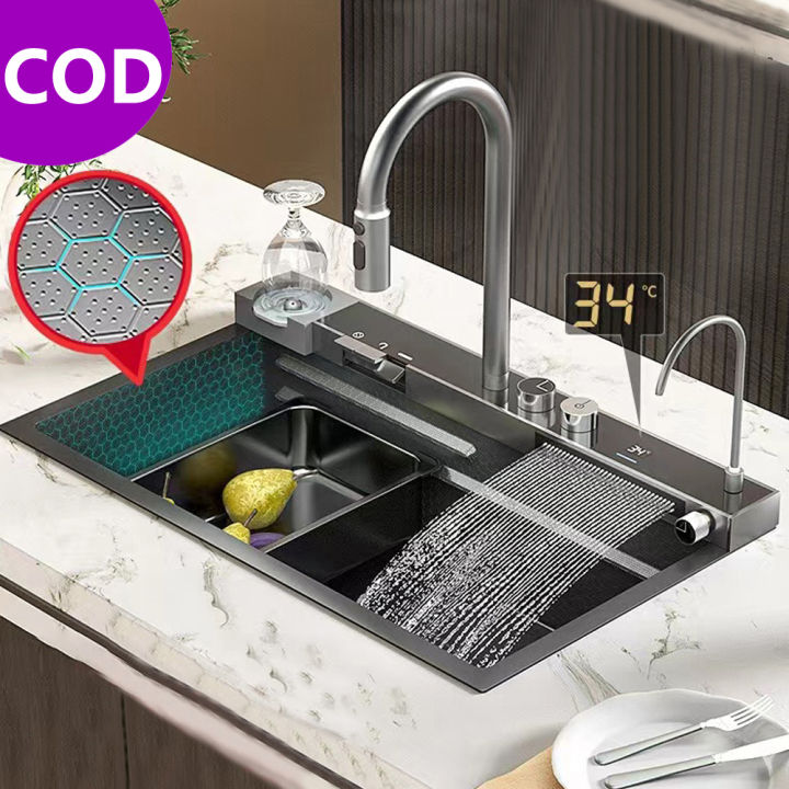 Digital high-end display waterfall style kitchen sink, single slot 304 ...