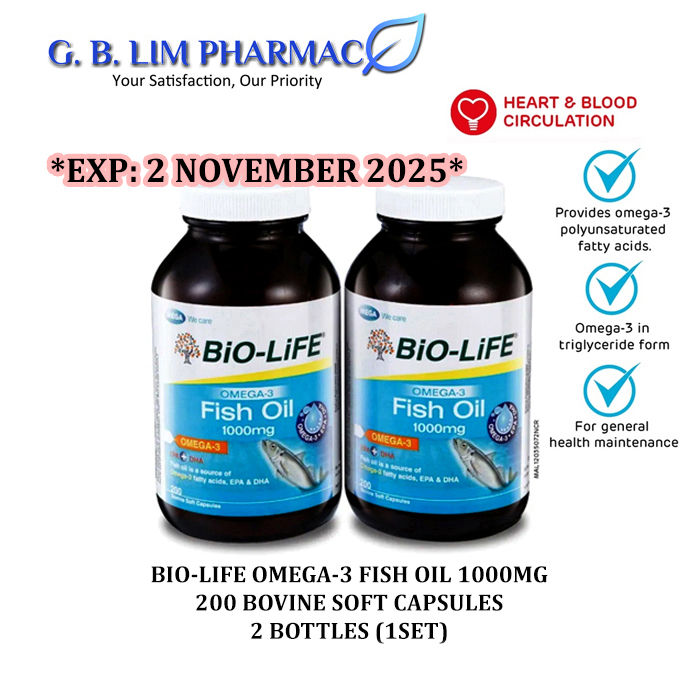 (NEW STOCK: 2-NOV-2025) Bio-Life Omega 3 Fish Oil 1000mg 200 Capsules X ...