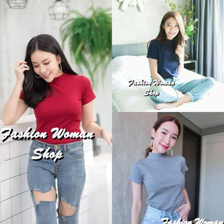 FS41 เสื้อยืดแฟชั่นผู้หญิง คอเต่าแขนสั้น แบบยาวเต็มตัว แฟชั่นมาแรงสุดๆ ...