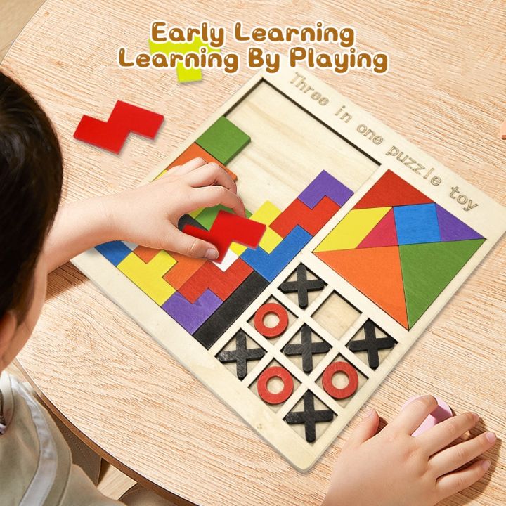 DENOWIM 3 IN 1 Russian Puzzle Tetris Tangram Toys Wooden Blocks Kids ...