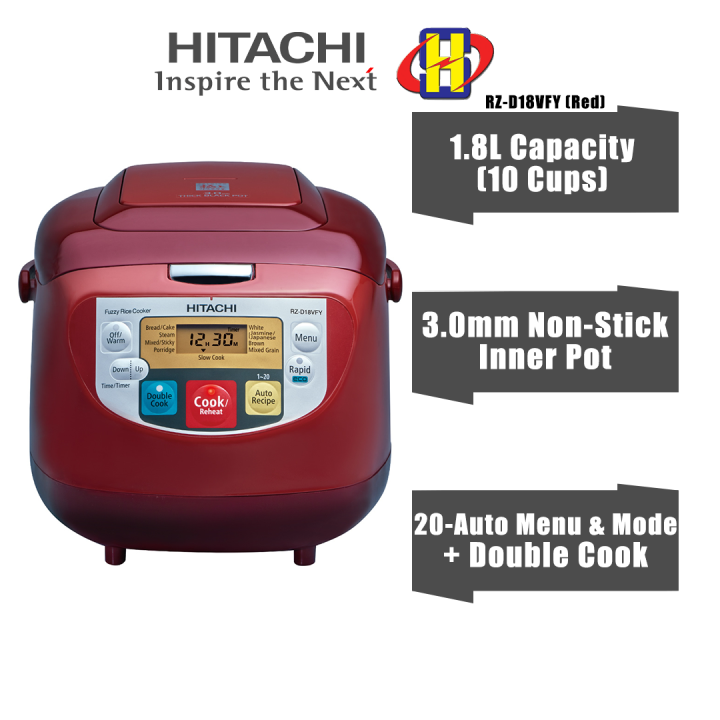 Hitachi Rice Cooker (1.8L/10 Cups/Dark Red) 20-Auto Menu & Double Cook ...