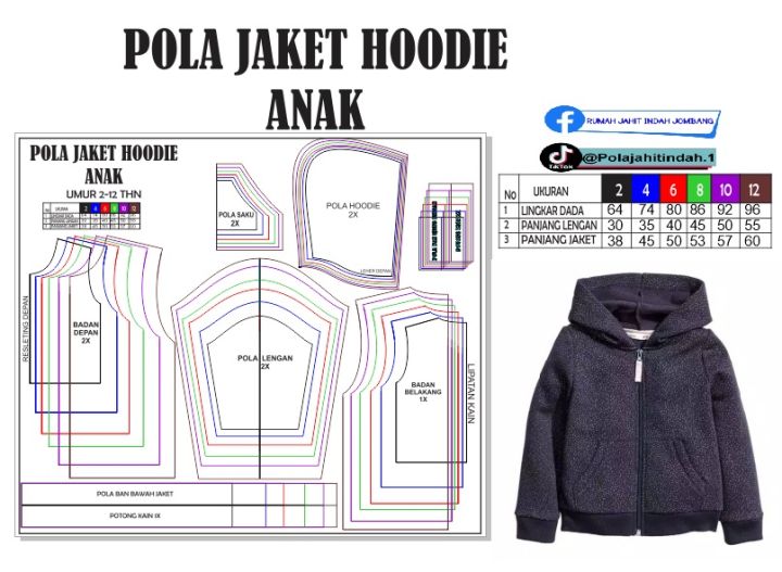 Pola Jiplak Pola Instan Pola Jahit Pola Jaket Hoodie Anak ukuran 2-12 ...