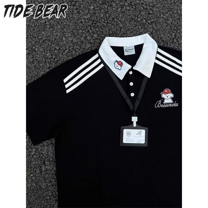 TIDE BEAR เสื้อโปโลคอปีน่ารักสไตล์วัยรุ่นฤดูร้อนคู่สุดเท่ห์ใส่สบาย ...