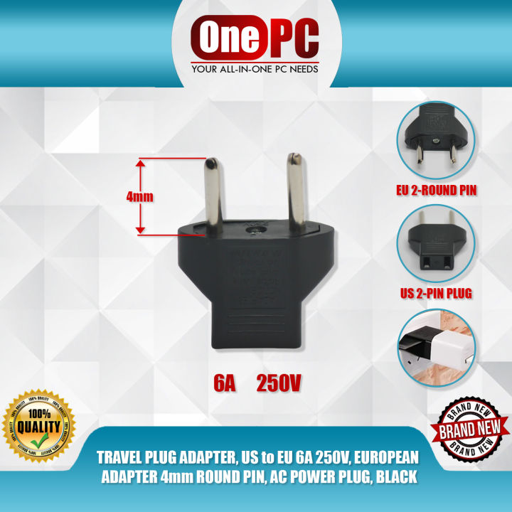 TRAVEL PLUG ADAPTER, US to EU 6A 250V, EUROPEAN ADAPTER 4mm ROUND PIN ...