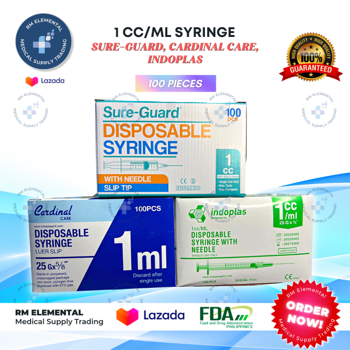 1 cc Disposable Syringe Indoplas/ Sure-Guard Luer Slip Box of 100 ...