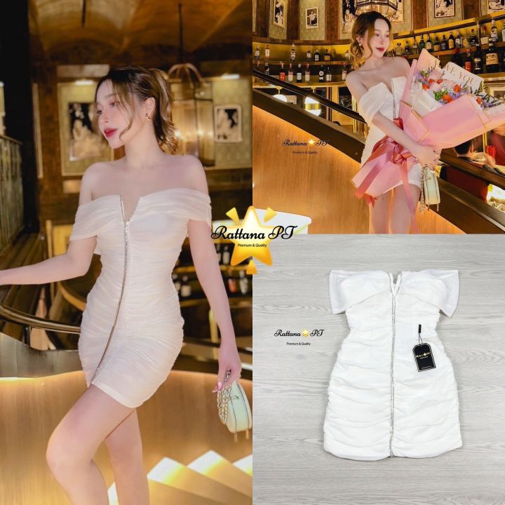 Rattana เดรสสีขาวปาดไหล่ แต่งเพชรที่ชุด สวยหรูดูแพง หน้าอกมีเสริมฟองน้ำเนื้อผ้าอย่างดี | Lazada ...