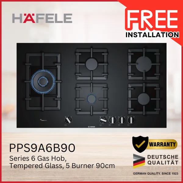 Bosch PPS9A6B90 Series 6 Gas Hob, Tempered Glass Black, 5 Burner 90Cm ...