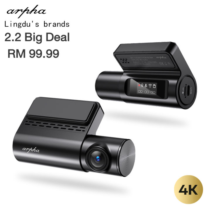 Arpha 4K Dash Cam with 0.96inch Screen, Live Recording, Wifi, GPS, English Voice Control, WDR ...