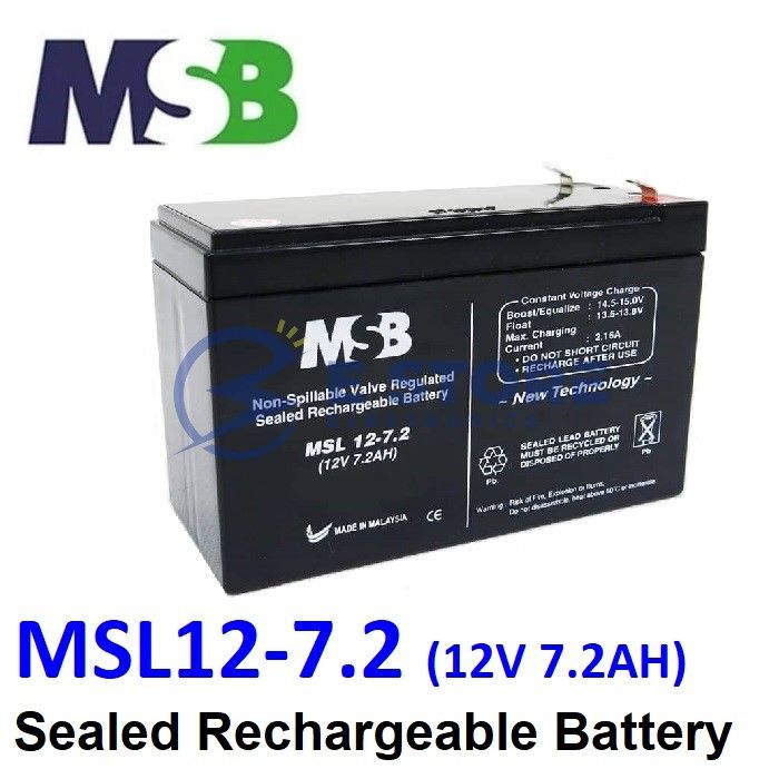 MSB 12V 7.2AH Rechargeable Sealed Lead Battery (MS12-7.2) | Lazada
